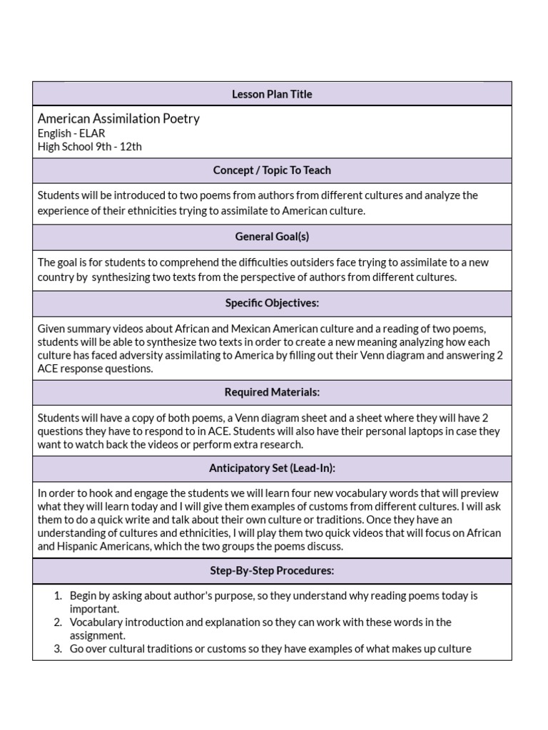 American Assimilation Poetry: Lesson Plan Title | PDF | Lesson Plan ...