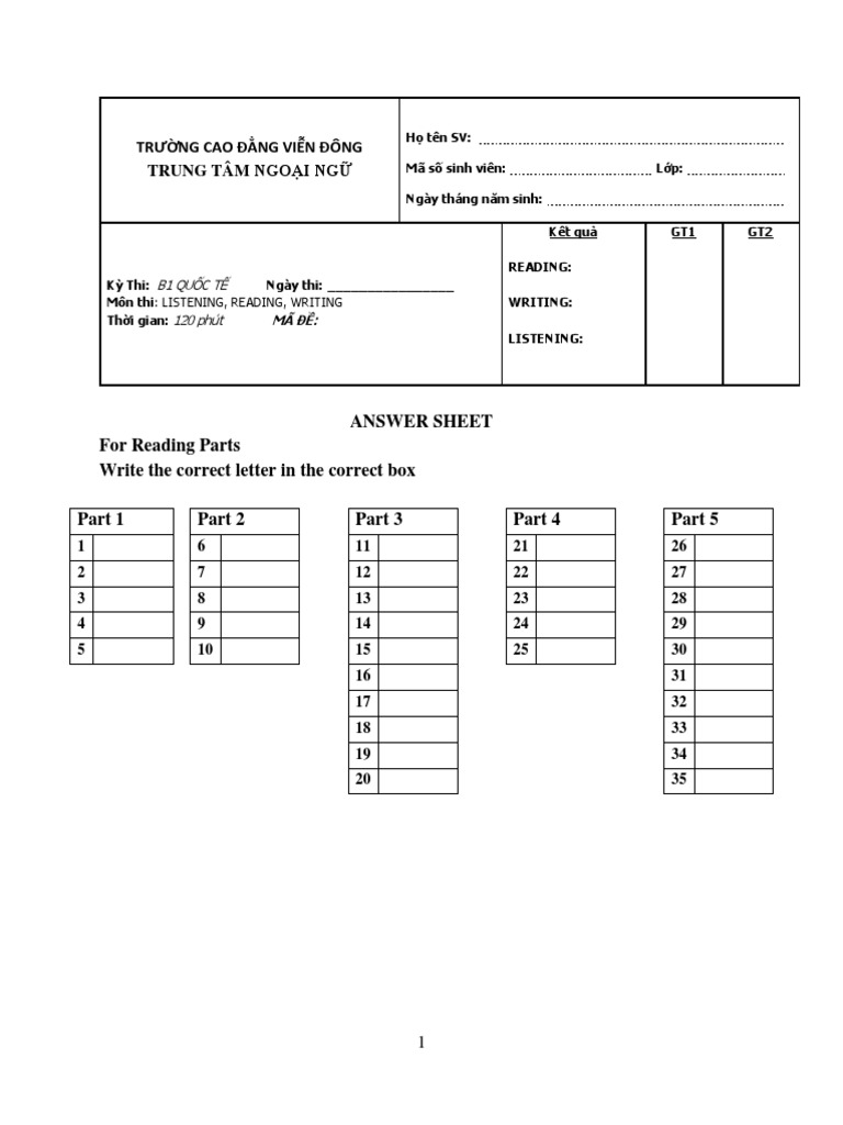 Answer Sheet B1 | PDF