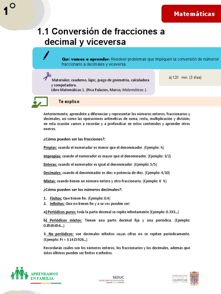 1 Conversión de Fracciones A Decimal y Viceversa | PDF | Números | Decimal