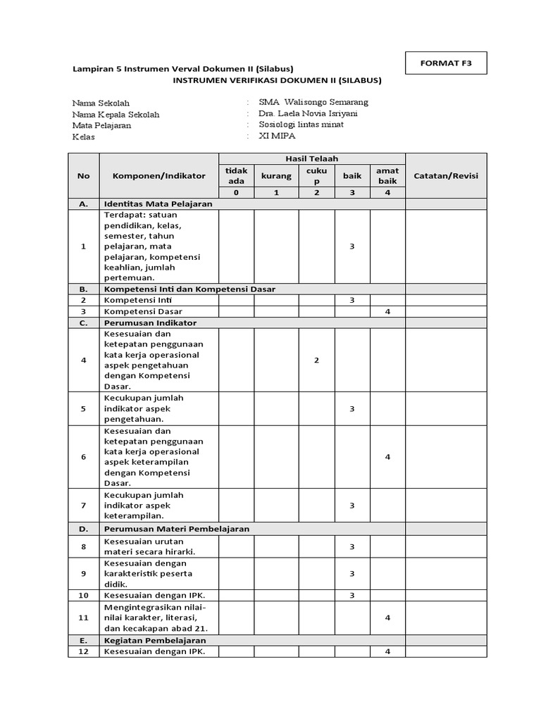 FORMAT F3 Instrumen Verval Dokumen III (Silabus) | PDF