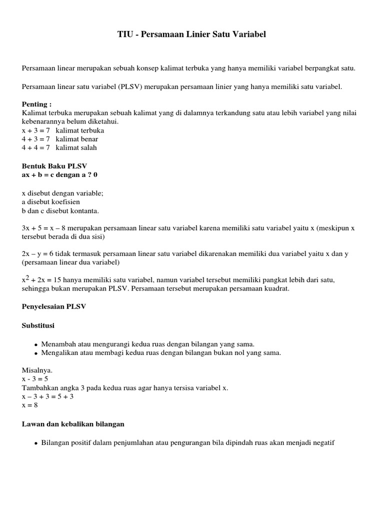 Materi - Persamaan Linier Satu Variabel | PDF