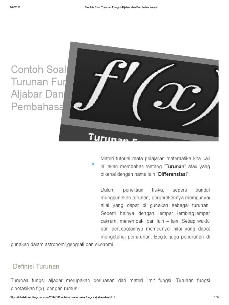 Contoh Soal Turunan Fungsi Aljabar Dan Pembahasannya | PDF