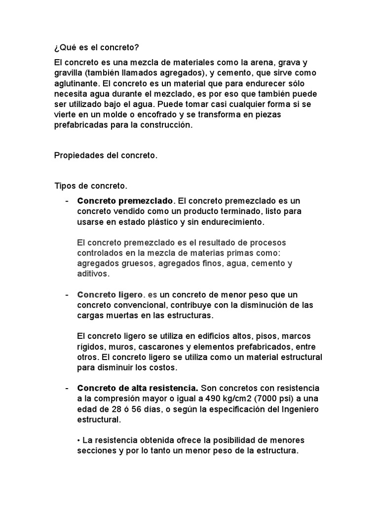 Definición y tipos de concreto | PDF | Hormigón | Cemento