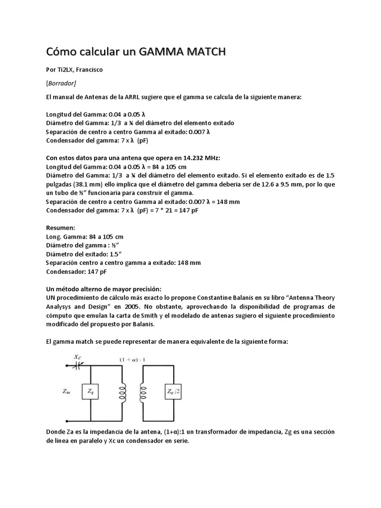 Cómo Calcular Un GAMMA MATCH | PDF | Impedancia eléctrica | Antena (Radio)