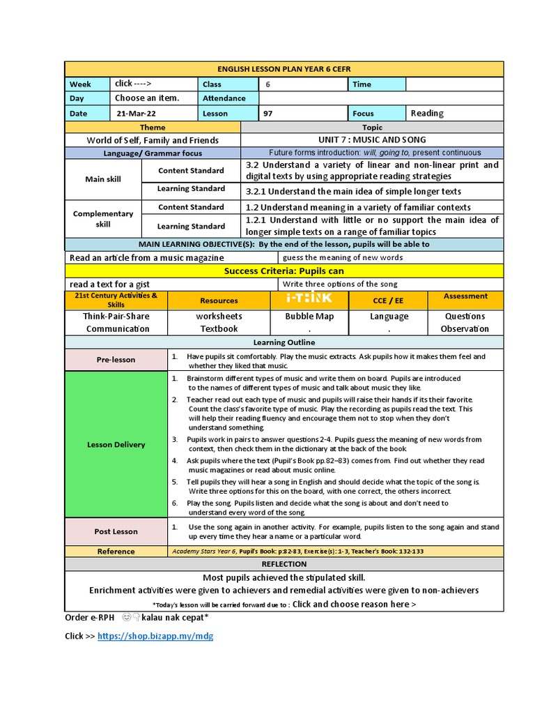 English Lesson Plan Year 6 Cefr Unit 7 | PDF | Lesson Plan | Education ...