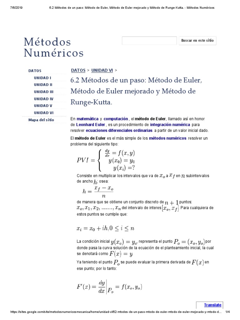 6.2 Métodos de Un Paso - Método de Euler, Método de Euler Mejorado y ...