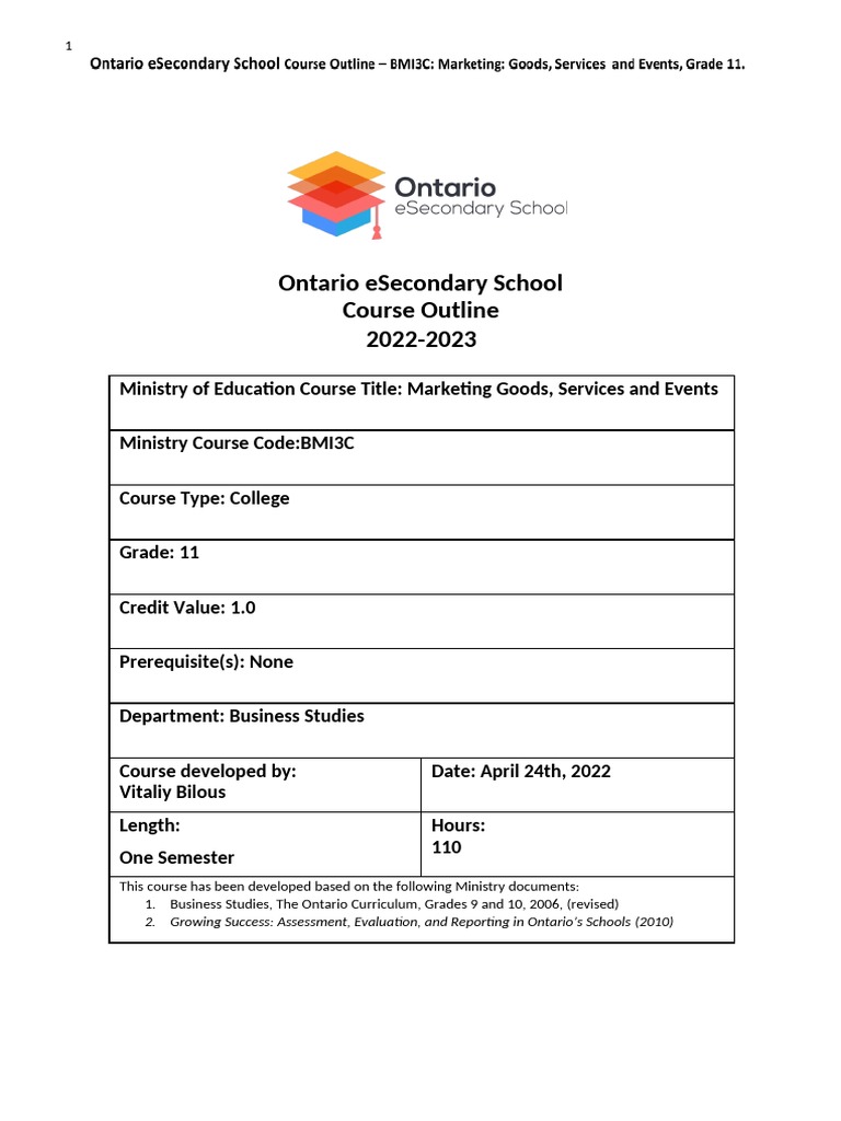 BMI3C Course Outline 2022 | PDF | Educational Assessment | Marketing