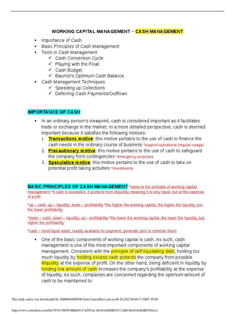 Working Capital Management Cash Management | PDF | Market Liquidity ...
