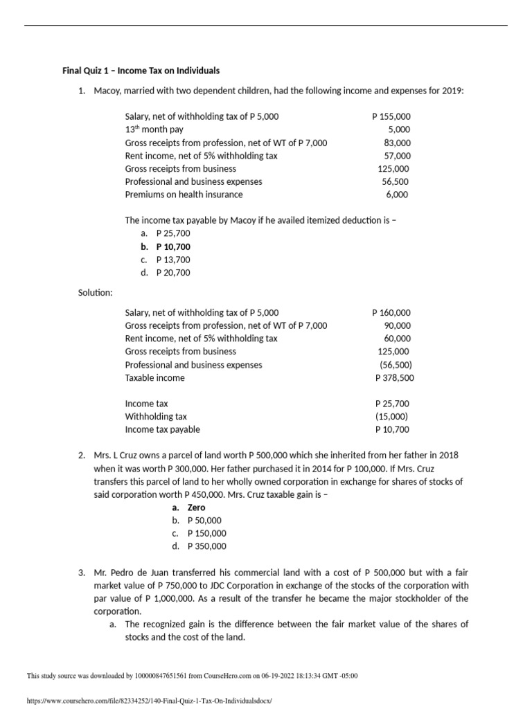 14.0 Final Quiz 1 Tax On Individuals | PDF | Taxes | Gross Income