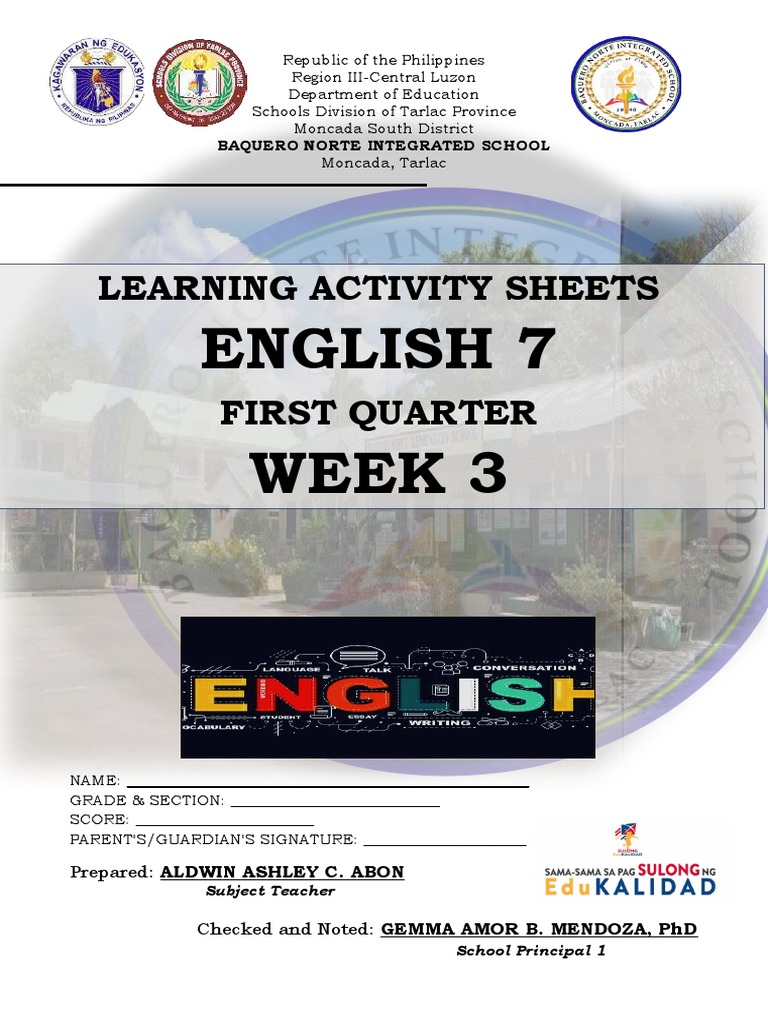 English 7 Week 3: Learning Activity Sheets First Quarter | PDF | Verb ...