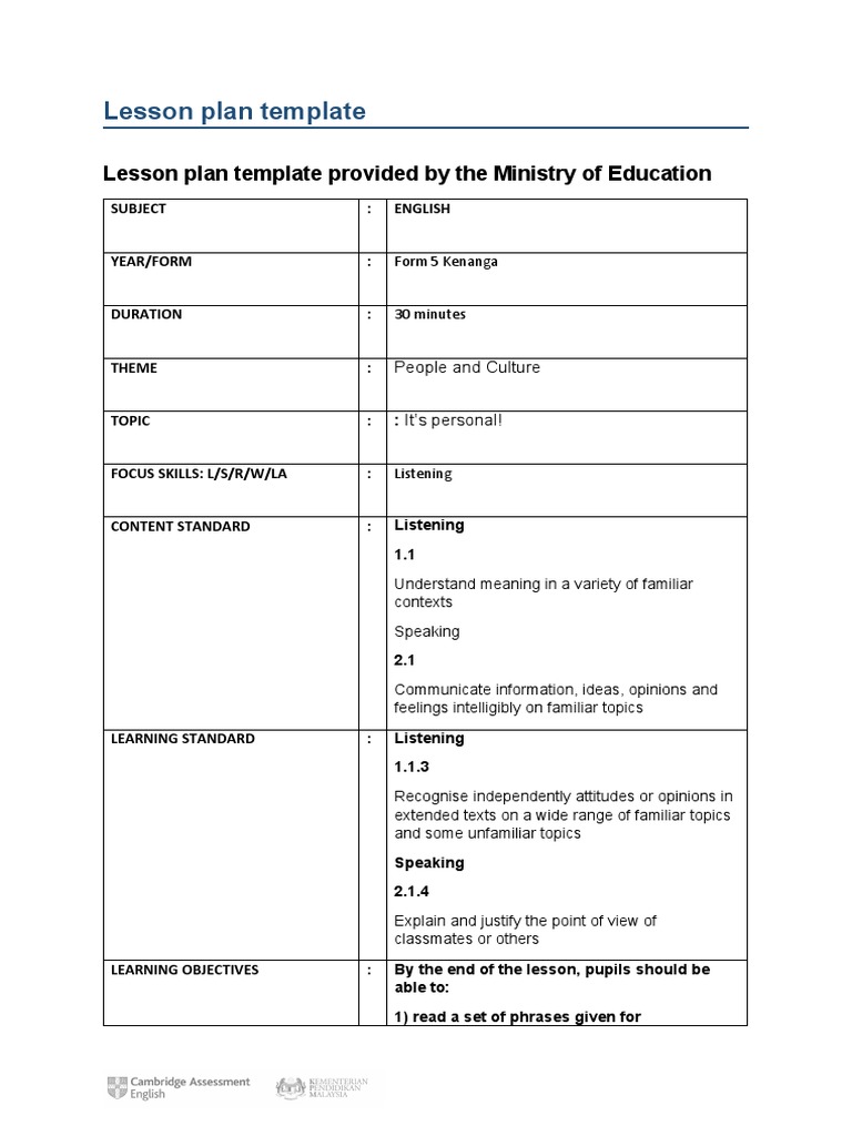 Lesson Plan Template From MoE | PDF | Lesson Plan | Neuropsychological ...