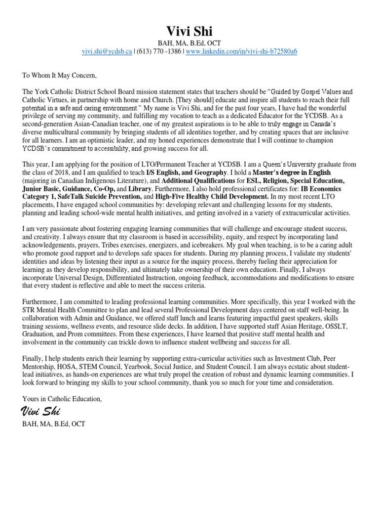 VIVI Shi - Cover Letter 2022 | PDF | Teachers | Mentorship