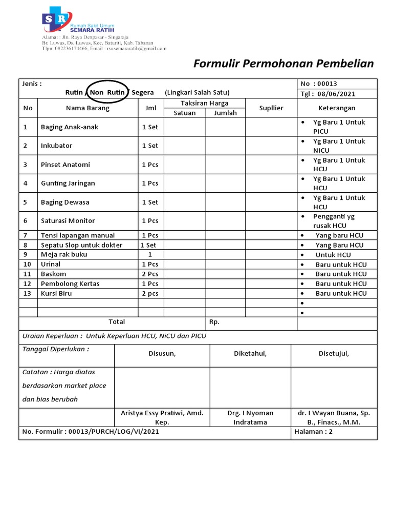 Formulir Permohonan Pembelian Barang HCU, PICU, NICU - Medis | PDF