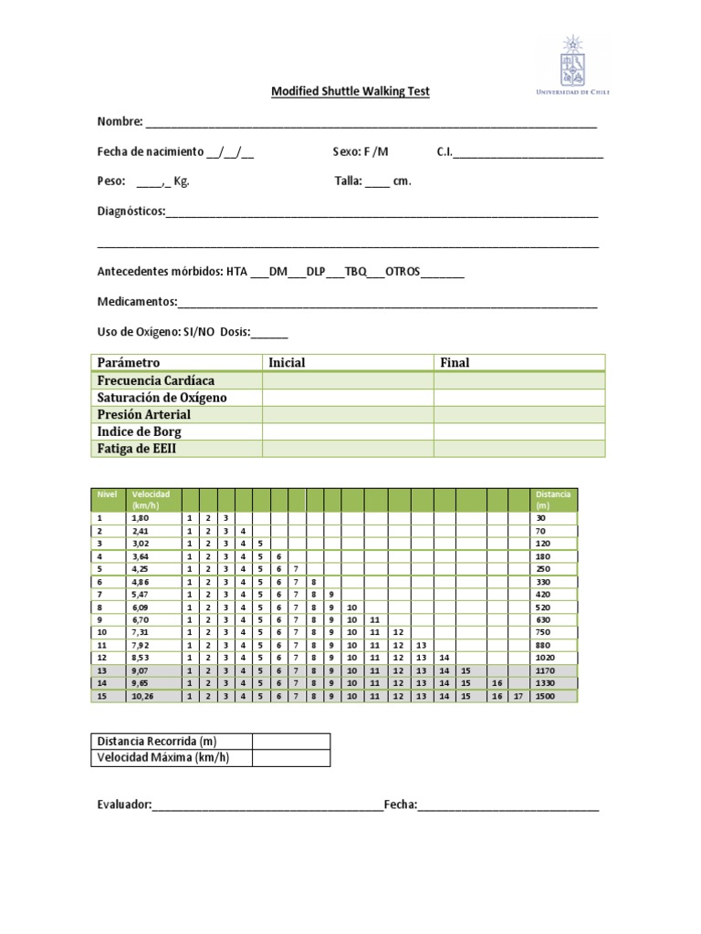 Hoja Registro Shuttle Walking Test | PDF | Fisiología