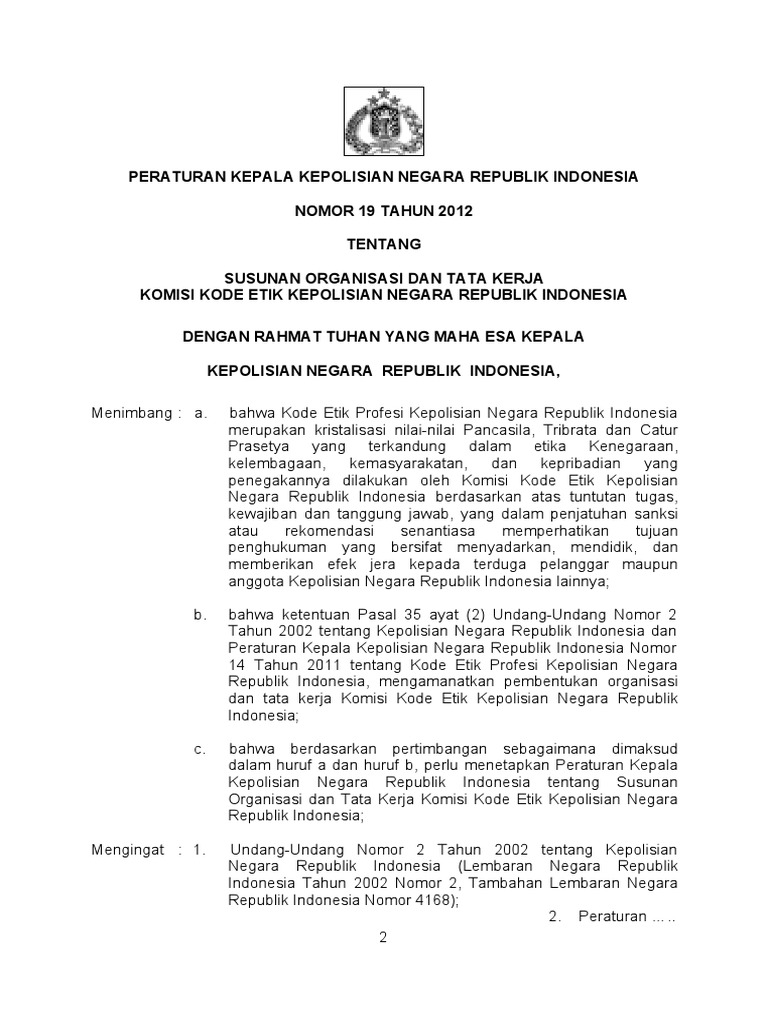 Perkap No 19 Tahun 2012 | PDF