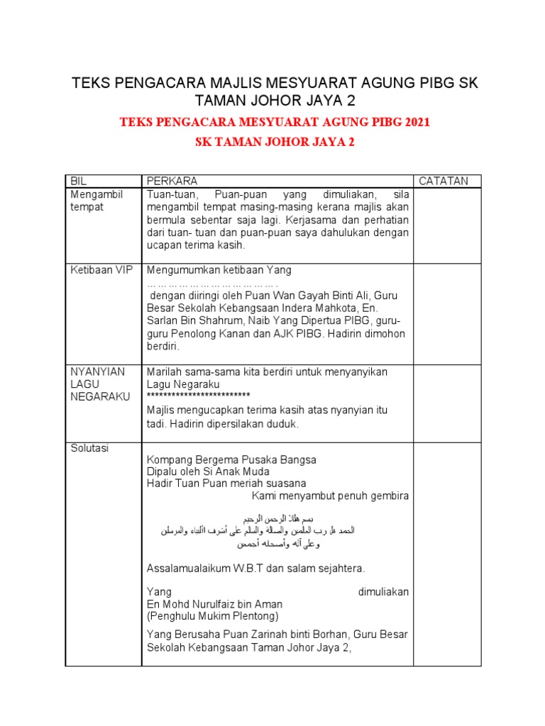 TEKS PENGACARA MAJLIS MESYUARAT AGUNG PIBG SK TAMAN JOHOR JAYA 2 Baru | PDF