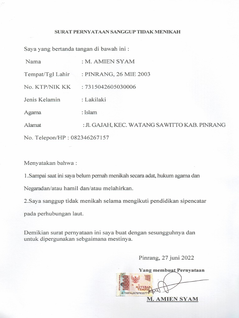 Surat Pernyataan Sanggup Tidak Menikah | PDF