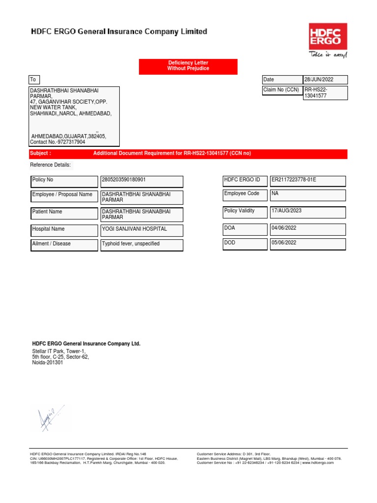Deficiency Letter Without Prejudice: HDFC ERGO General Insurance ...