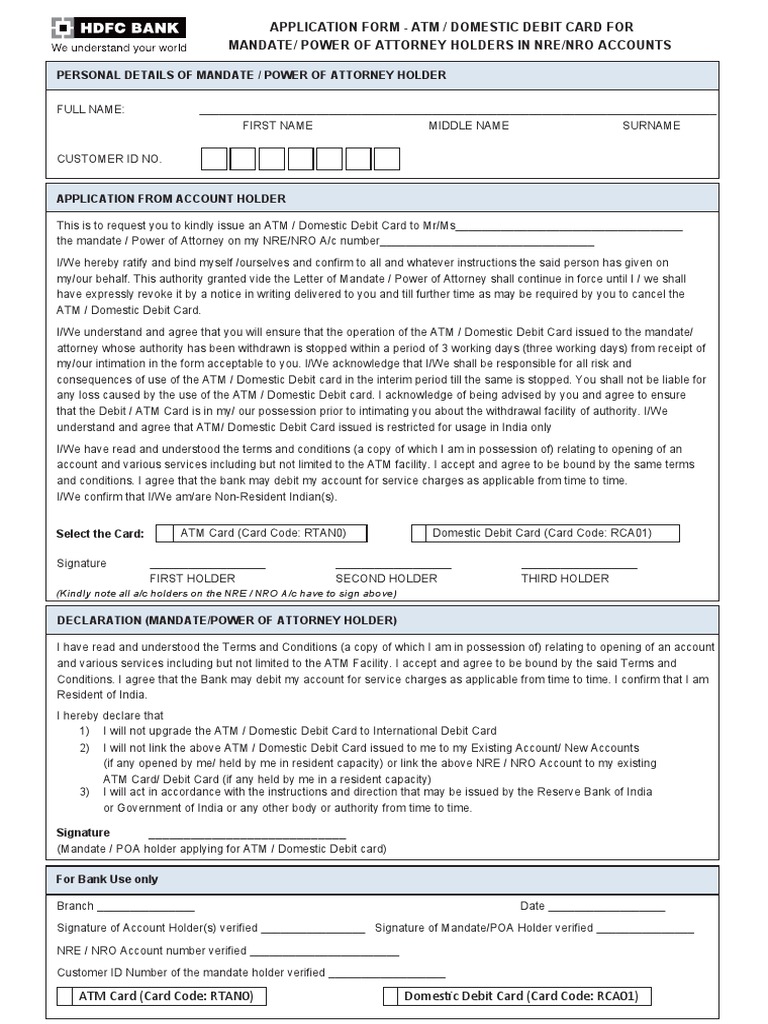 HDFC NRE/NRO Debit Card Application Form | PDF | Debit Card | Automated ...