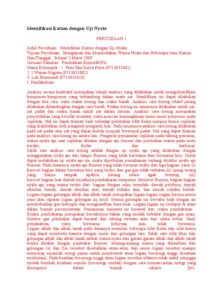 Uji Nyala untuk Identifikasi Kation | PDF