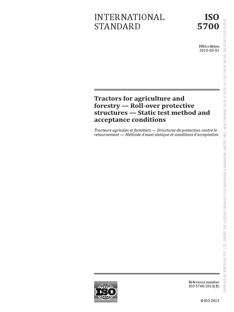 ISO 5700-2013 - Tractors For Agriculture and Forestry - Roll-Over Protective Structures - Static ...