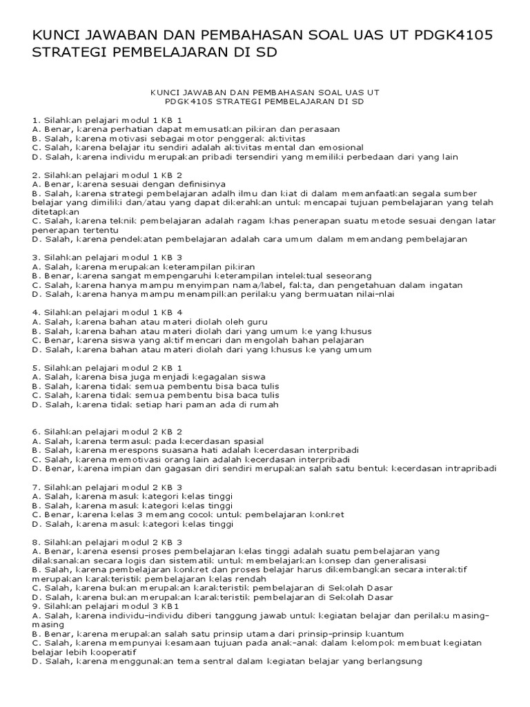 Kunci Jawaban Dan Pembahasan Soal Uas Ut pdgk4105 Strategi Pembelajaran Di | PDF