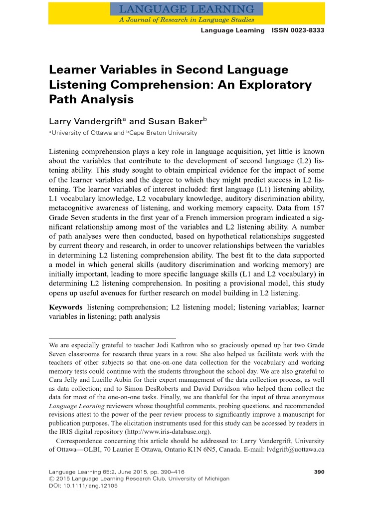 Language Learning - 2015 - Vandergrift - Learner Variables in Second Language Listening ...
