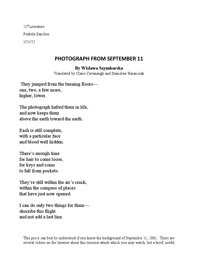 Photograph From September 11: by Wislawa Szymborska | PDF | September ...