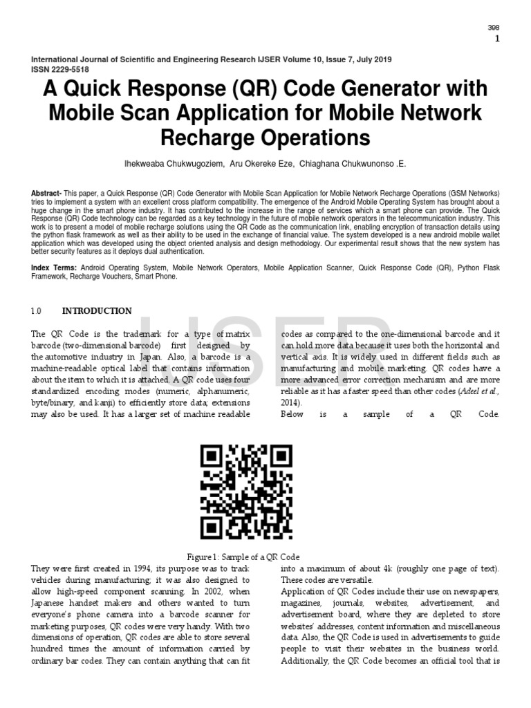A Quick Response QR Code Generator With Mobile Scan Application For Mobile Network Recharge ...