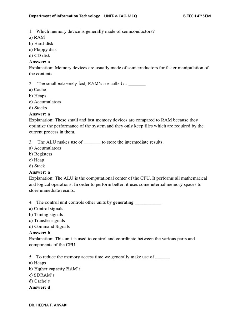 Answer: A: Department of Information Technology UNIT-V-CAO-MCQ B.Tech 4 SEM | PDF | Random ...