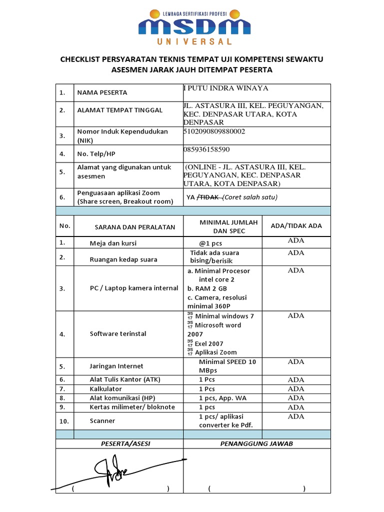 Checklist Persyaratan Uji Kompetensi Online | PDF