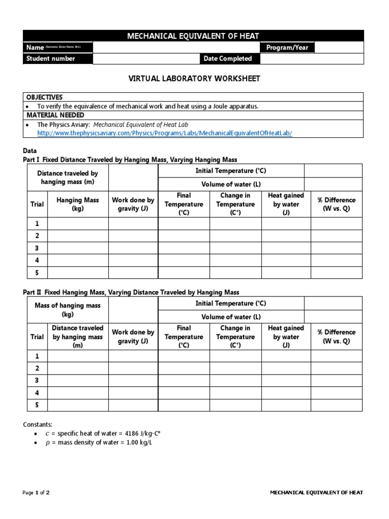 Mechanical Equivalent of Heat Lab Guide | PDF | Heat | Mass