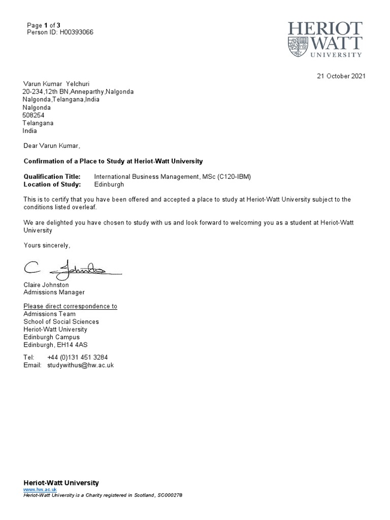 Confirmation of A Place To Study at Heriot-Watt University ...
