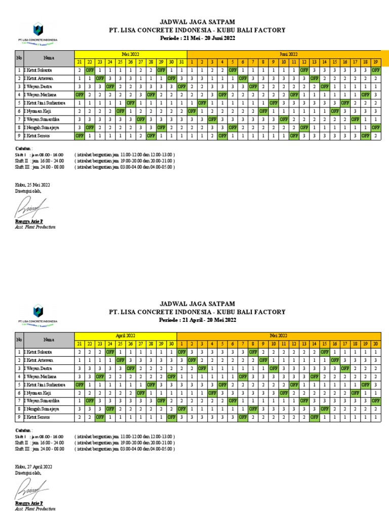 Jadwal Jaga Satpam Pt. Lisa Concrete Indonesia - Kubu Bali Factory | PDF