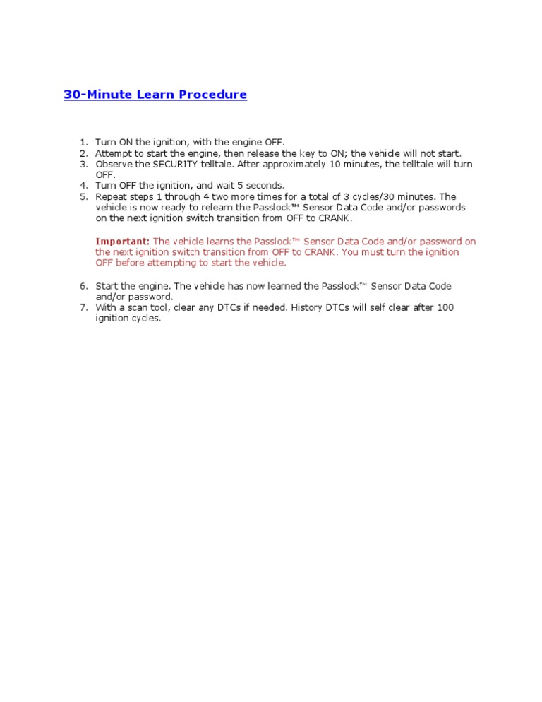 Saturn Passlock Relearn Proceedure | PDF