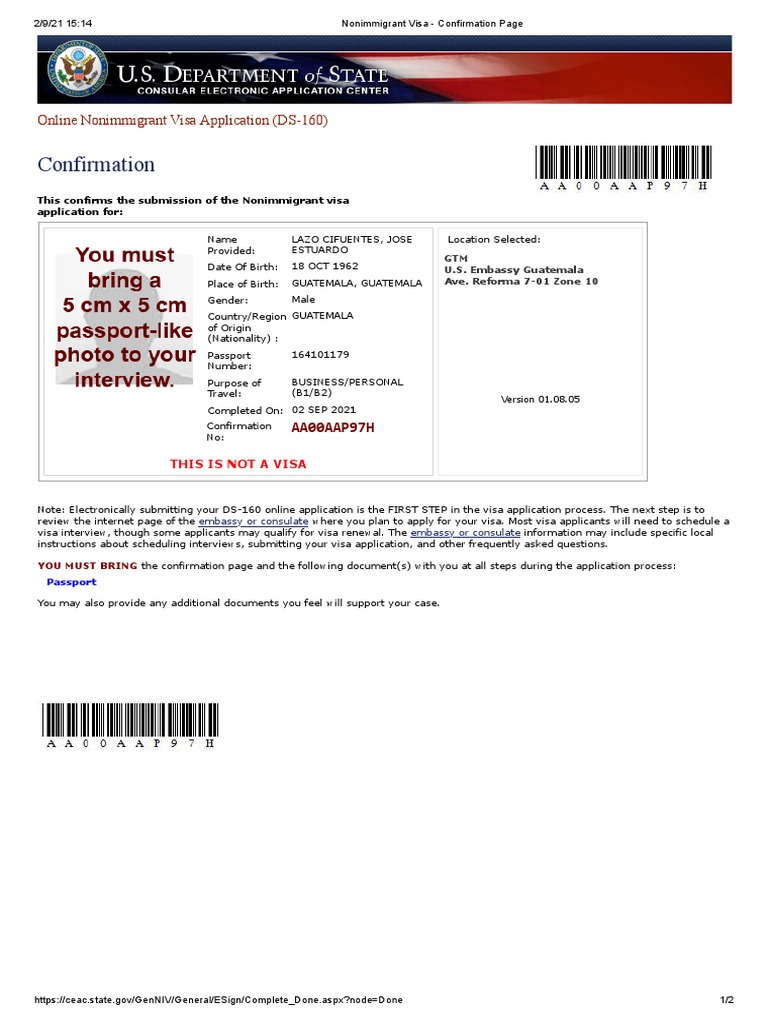 Confirmation: Online Nonimmigrant Visa Application (DS-160) | PDF ...