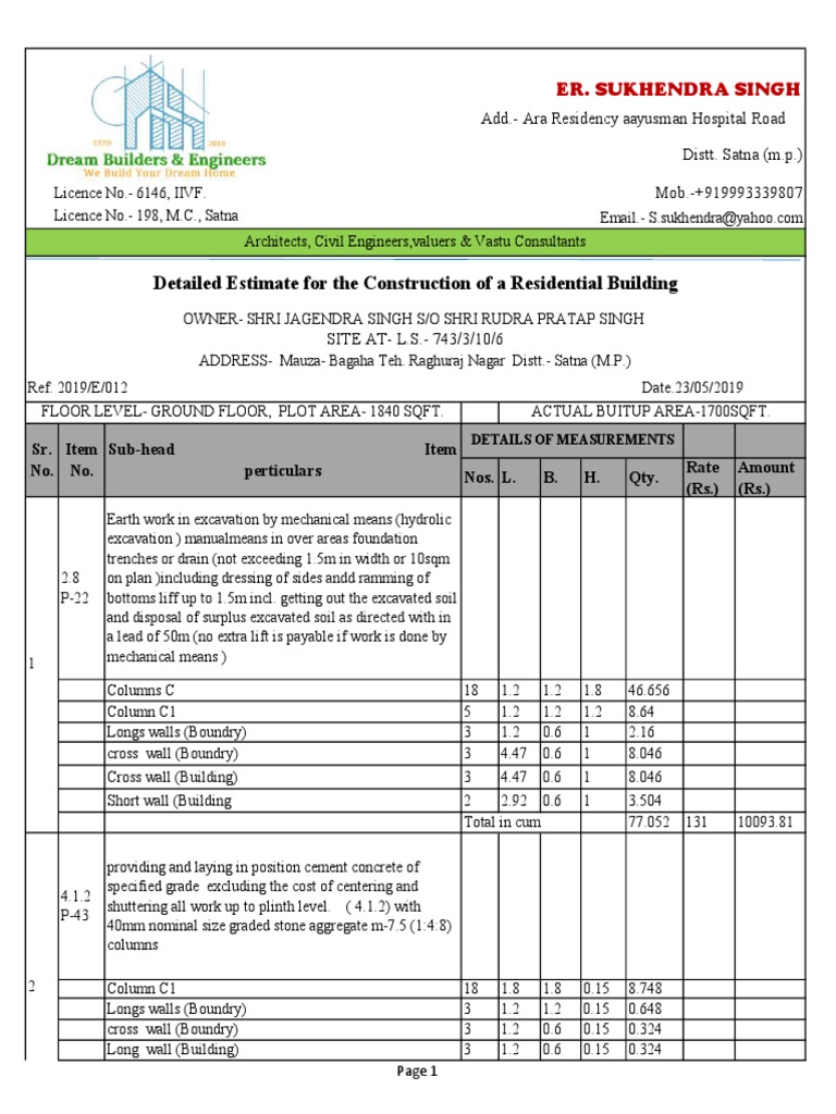 Detailed Estimate For The Construction of A Residential Building | PDF ...