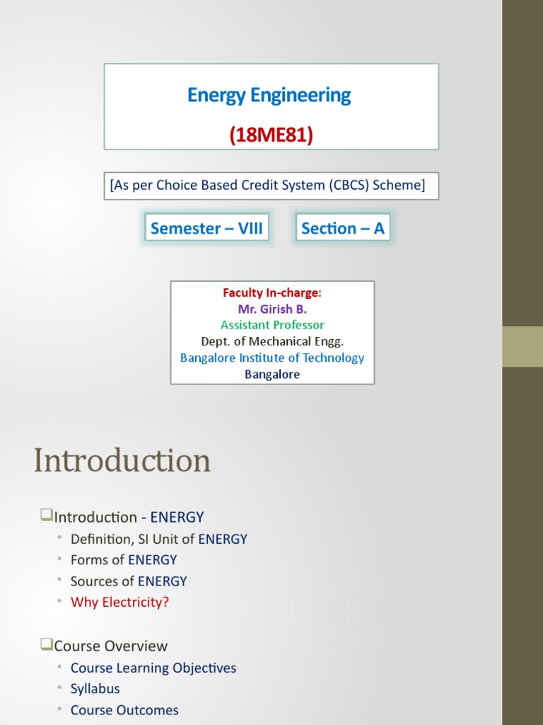 Energy Engg 18ME81 Introduction Syllabus MR Girish B | PDF | Energy ...