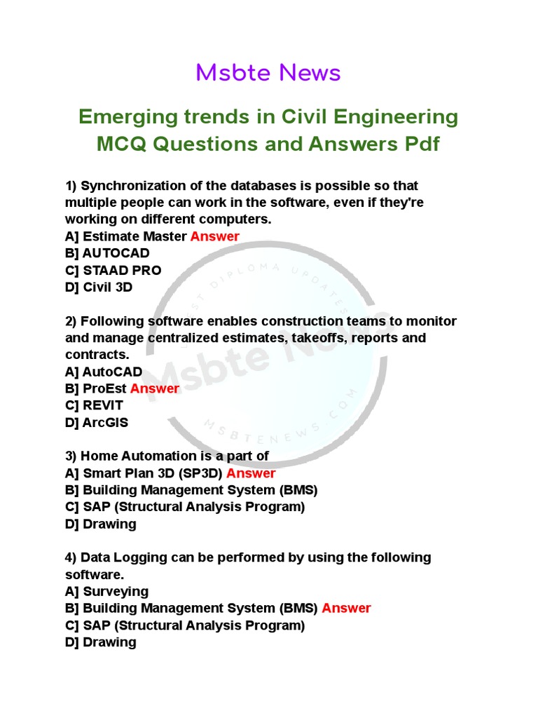 Emerging Trends in Civil Engineering MCQ Questions | PDF | Nature ...