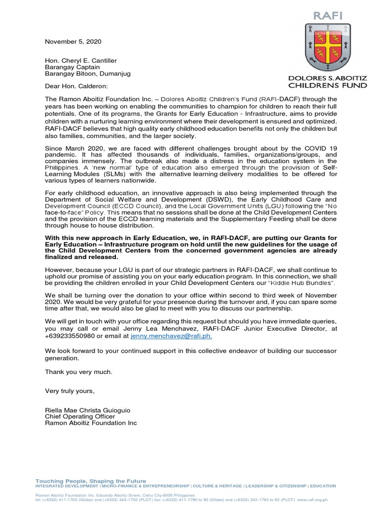 RAFI-DACF Letter To LGUs - Mini Grants - Bitoon, Dumanjug | PDF | Early ...