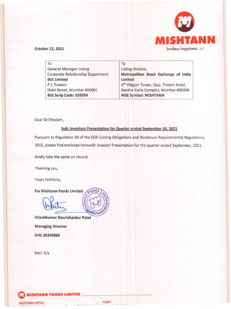 MISHTANN - Investor Presentation - 22-Oct-21 - Tickertape | PDF ...