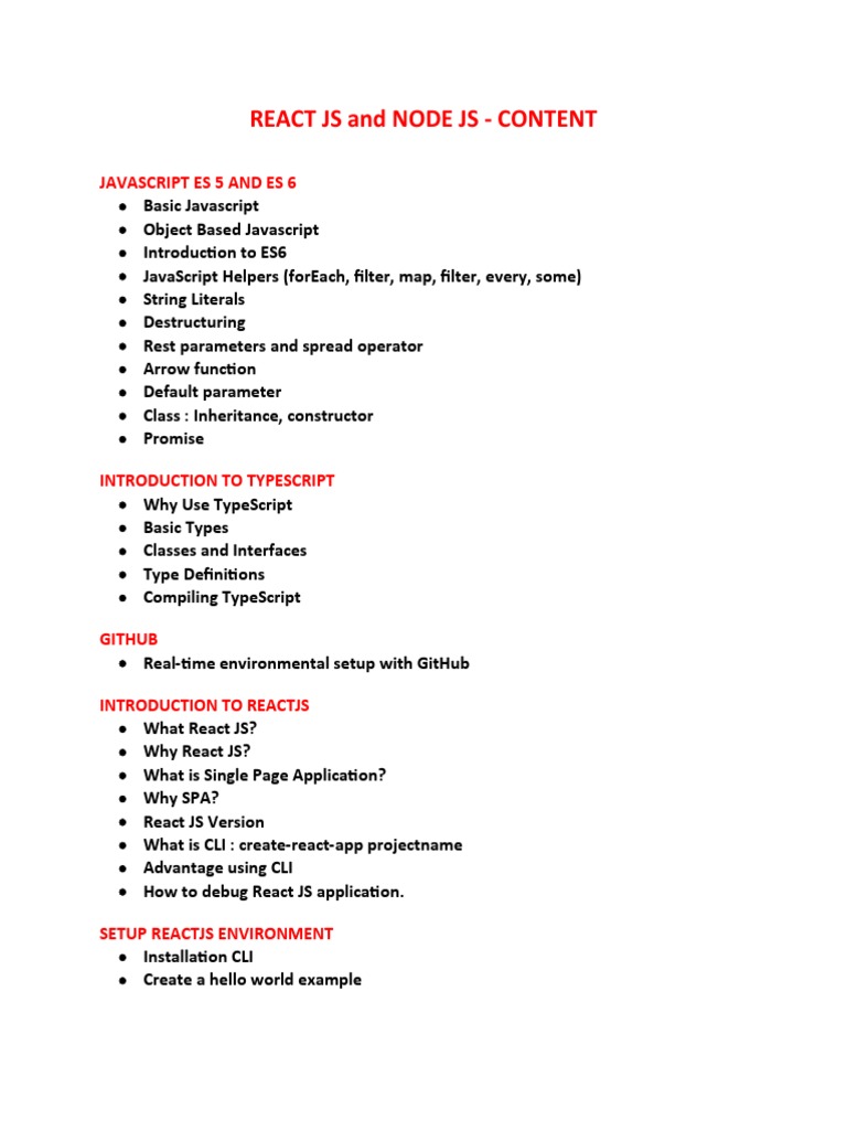 React JS and Node JS Content | PDF | Java Script | Computer Science