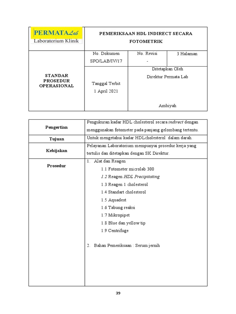 Spo Pemeriksaan HDL Cholesterol Secara Fotometrik | PDF
