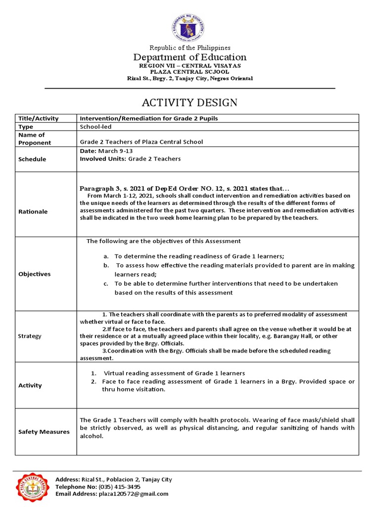 Activity Design For Intervention Remediation | PDF | Behavior ...