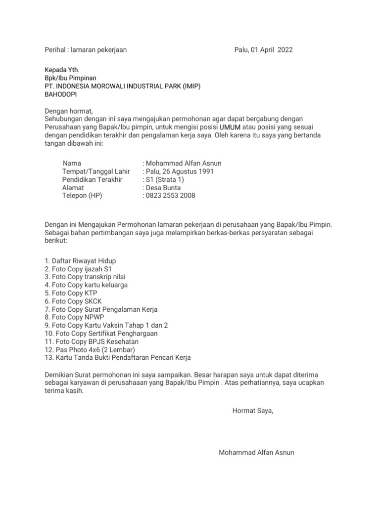 Lamaran Imip - Compressed | PDF