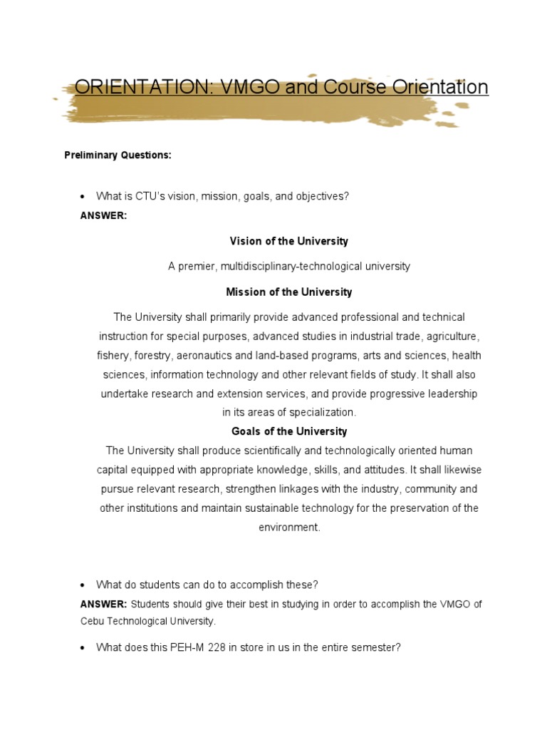 ORIENTATION: VMGO and Course Orientation: Preliminary Questions | PDF ...