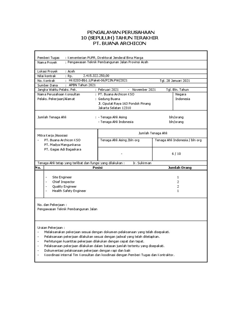 URAIAN PENGALAMAN PERUSAHAAN PW 10Th PT. BUANA ARCHICON | PDF | Bisnis ...