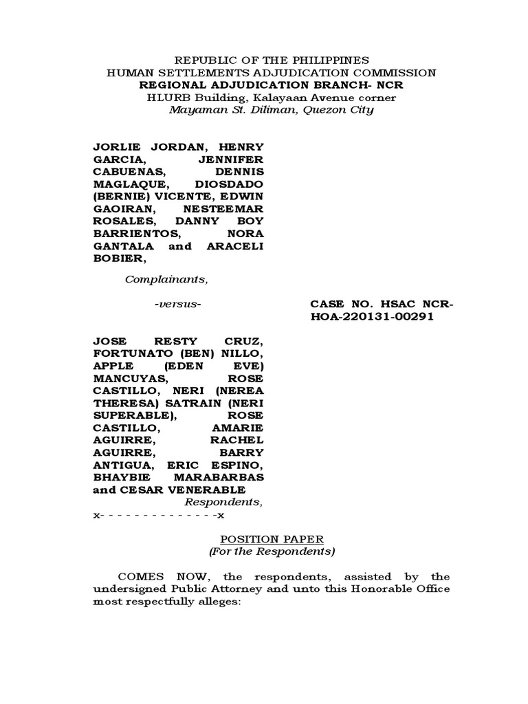 Position Paper - Jorlie Jordan Et. Al. Vs Jose Resty Cruz Et. Al. (NCR ...