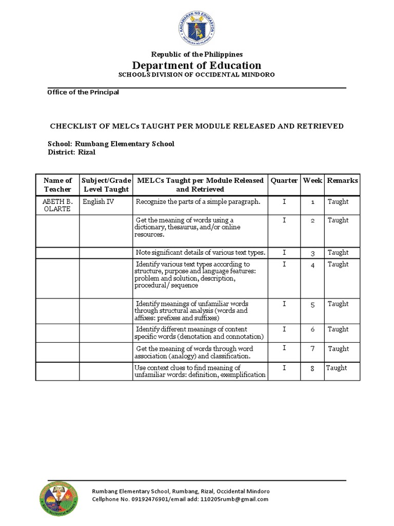 Checklist Melc Taught Q1 | Download Free PDF | Word | Linguistic Morphology