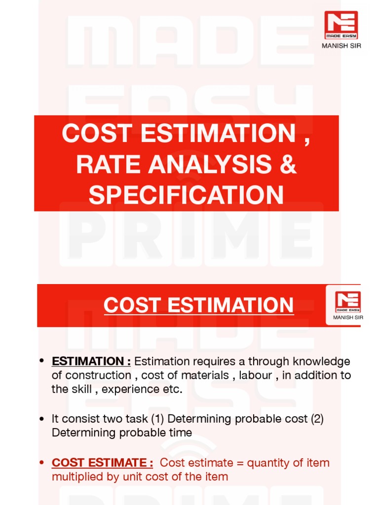 Cost Estimation, Rate Analysis & Specification | Download Free PDF ...